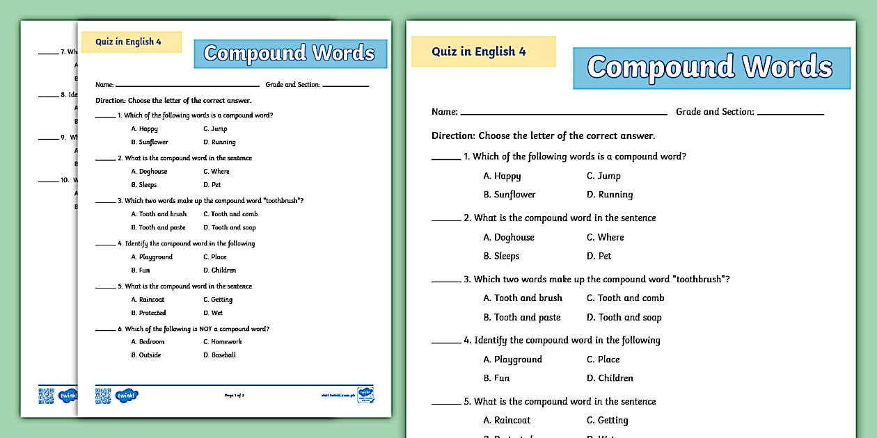 Grade 4 English Quiz - Compound Words