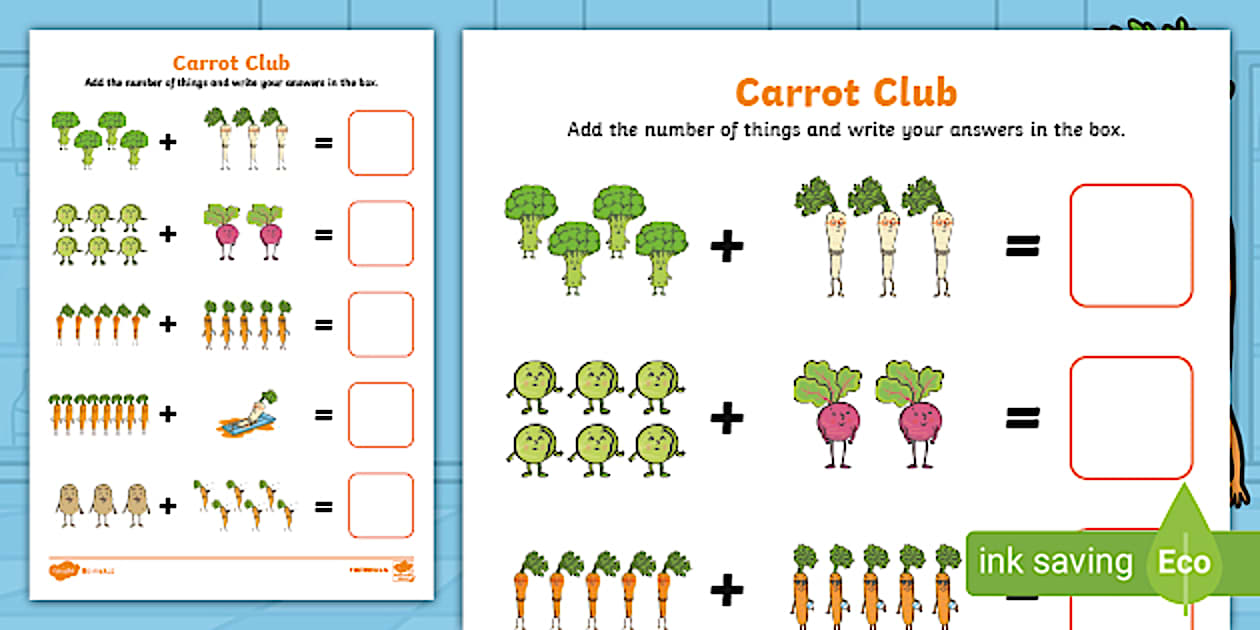 Carrot Club Addition to 10 Worksheet (teacher made) - Twinkl