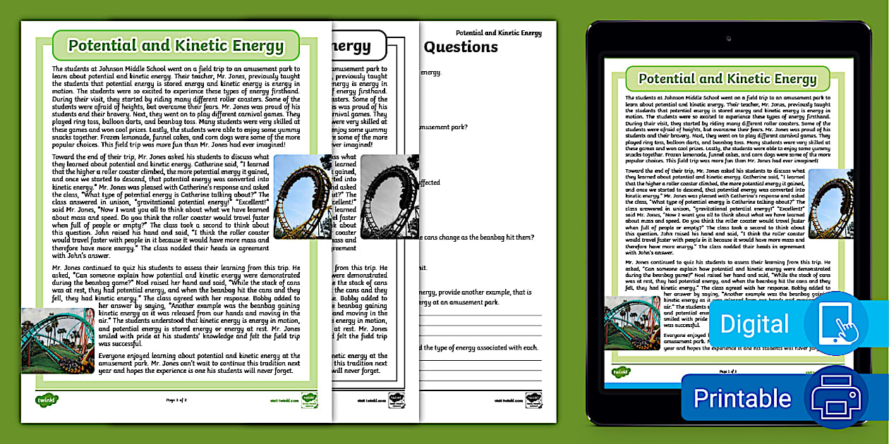 Potential and Kinetic Energy Reading Comprehension - Twinkl