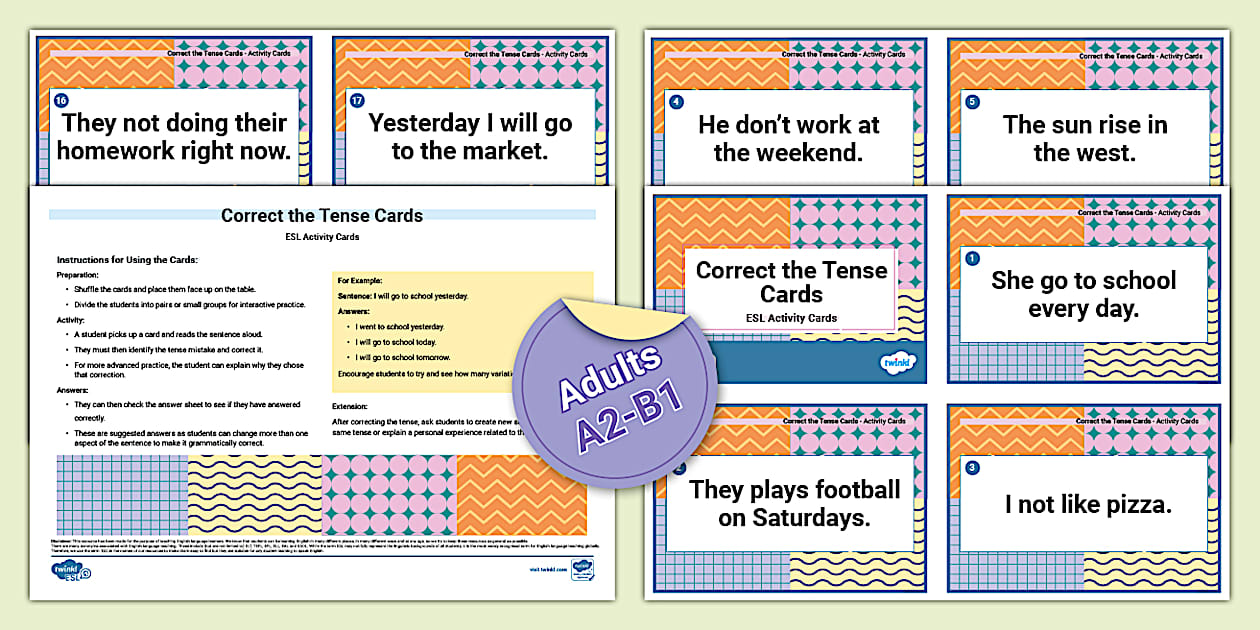ESL Correct the Tense Cards [Adults, A2-B1] (Teacher-Made)