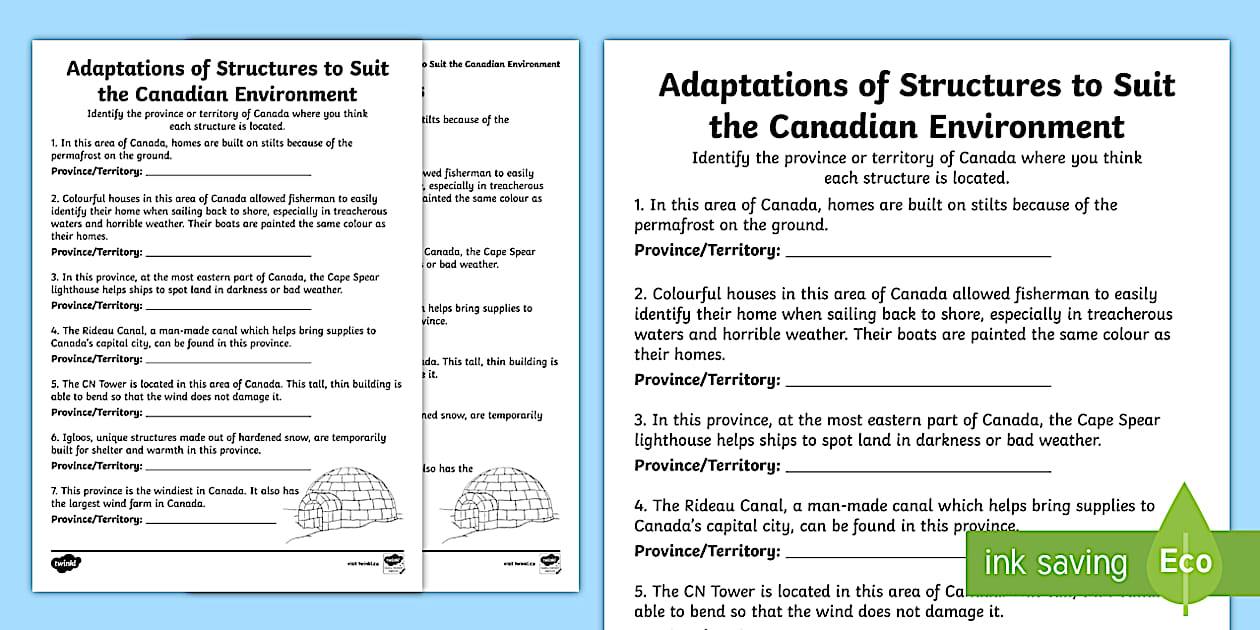 Adaptations of Structures to Suit the Canadian Environment Worksheet