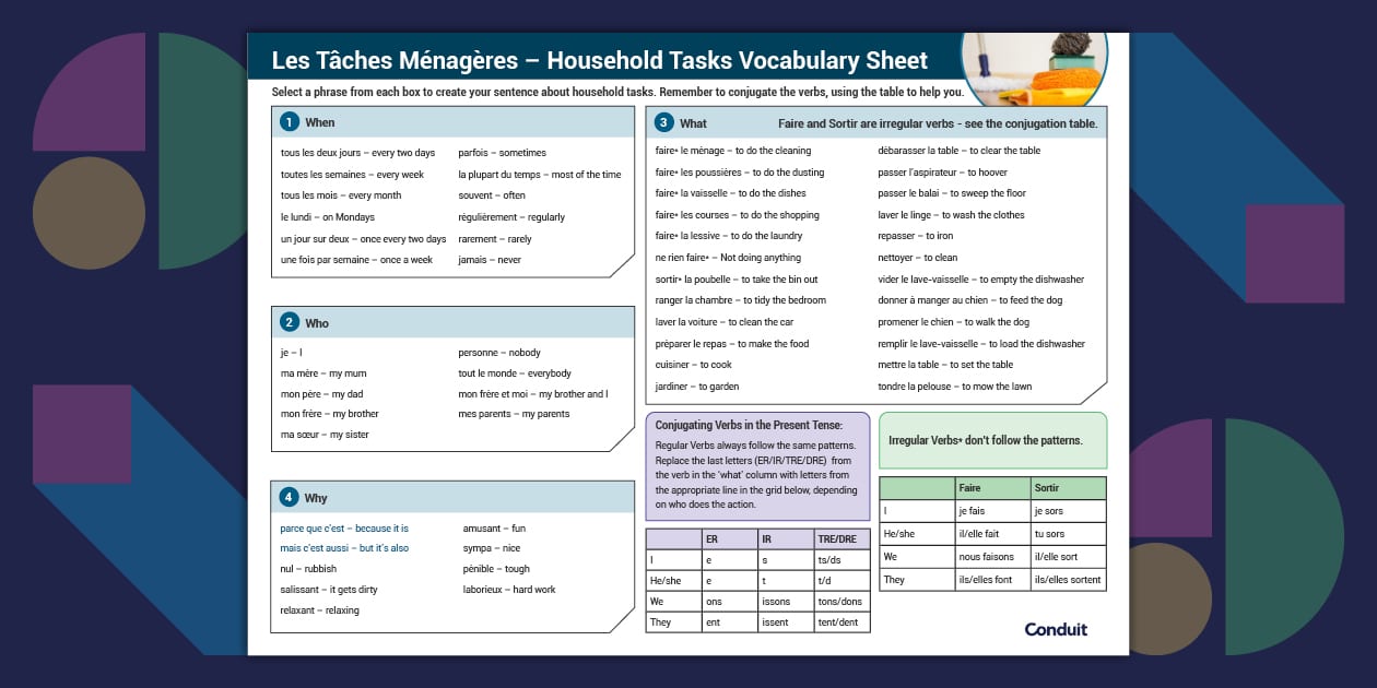 Les Tâches Ménagères: Household Tasks Vocabulary Sheet