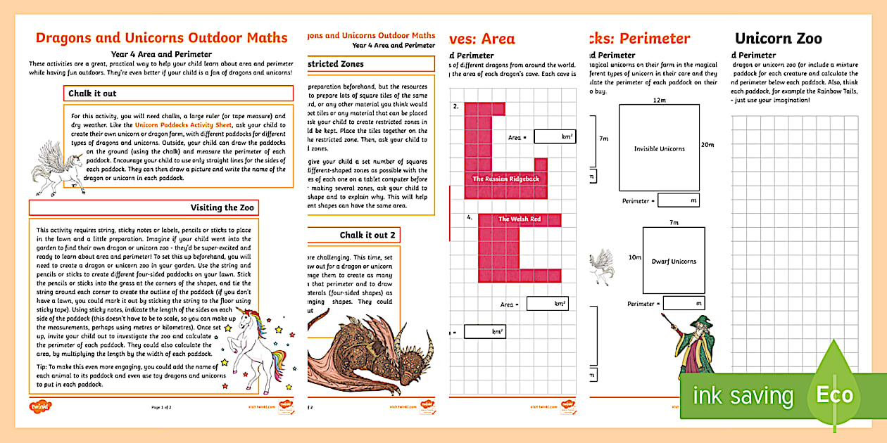 Dragons and Unicorns Year 4 Area and Perimeter Activity Pack