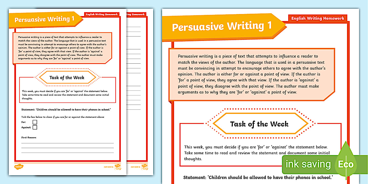 English Writing Homework Persuasive Writing 1 3rd/4th Class