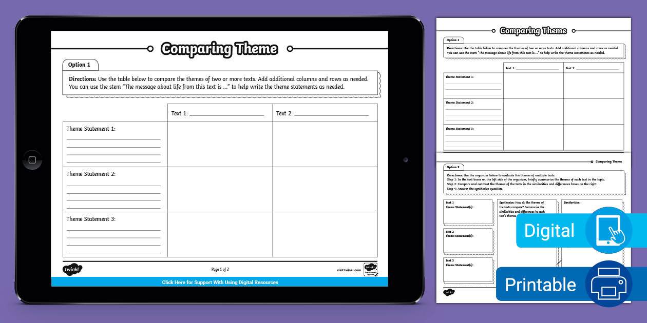 Comparing Theme Graphic Organizers for 6th-8th Grade