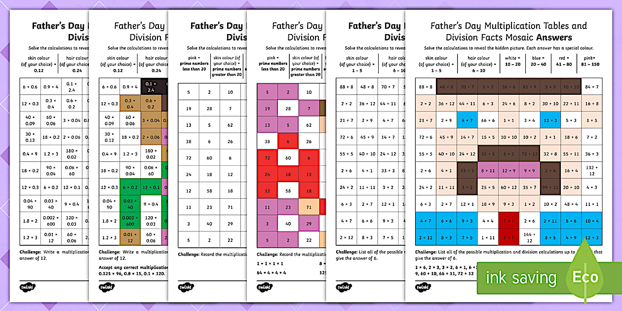 UKS2 Father's Day Multiplication and Division Maths Mosaic Worksheets