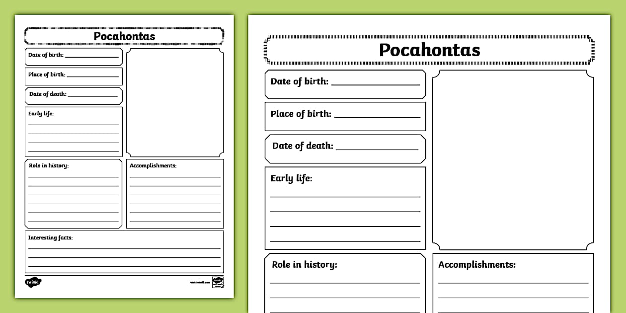 All About Pocahontas Research and Write Worksheet 3rd-5th