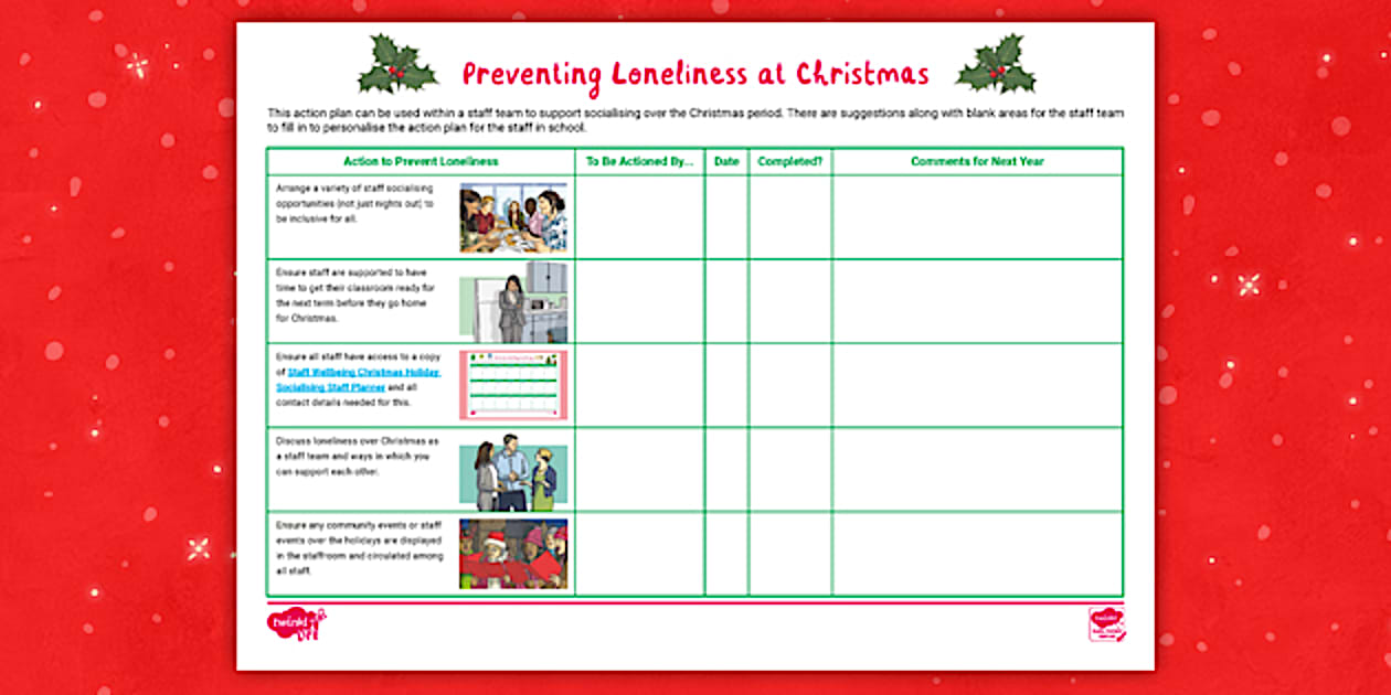 Staff Wellbeing Loneliness at Christmas Action Plan - Twinkl