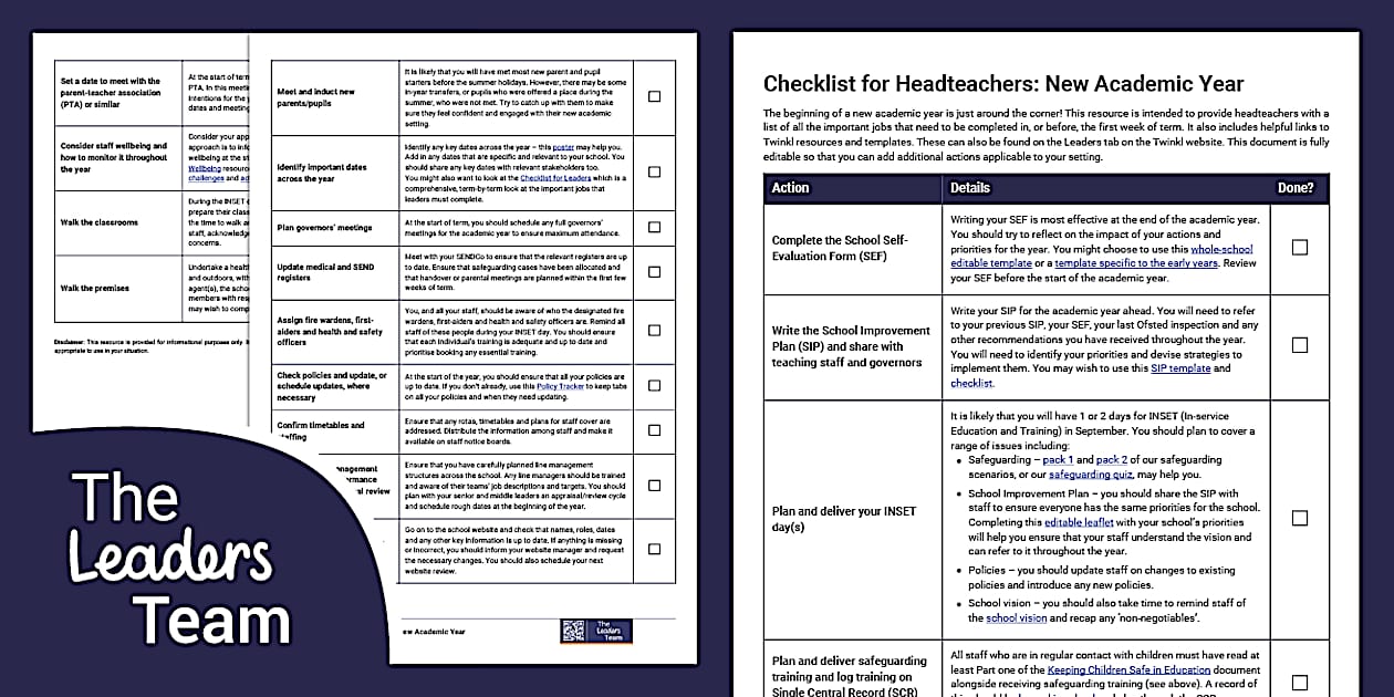 Checklist for Headteachers: New Academic Year - Twinkl