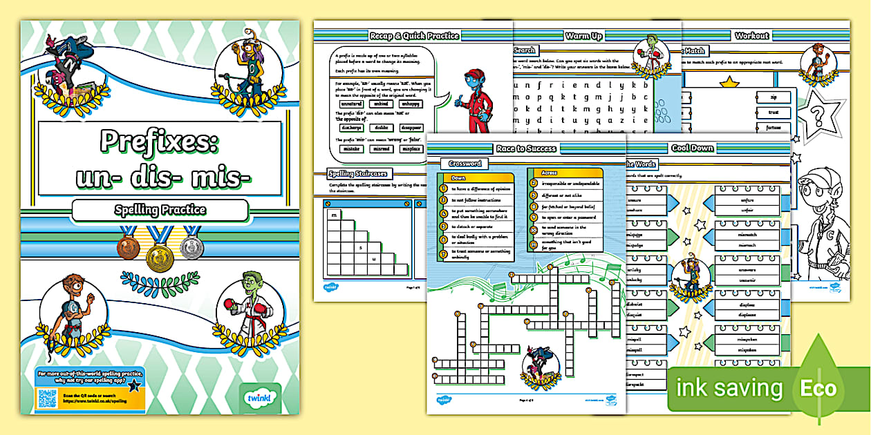 Prefixes: un- dis- mis- KS2 Spelling Practice Booklet