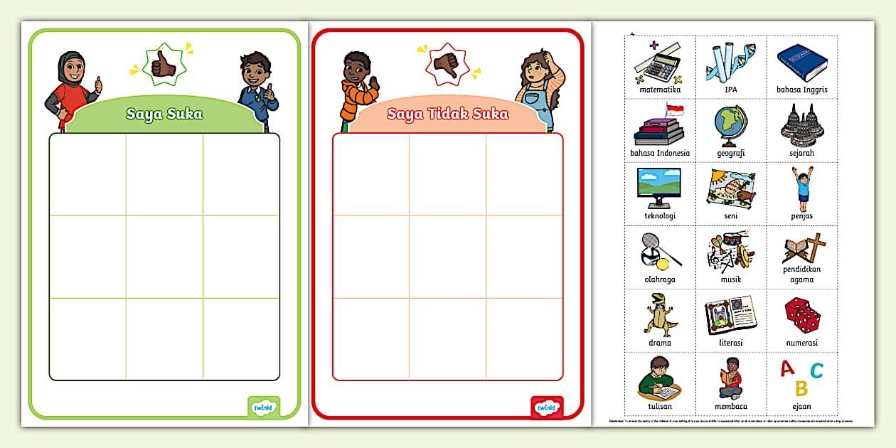 Likes and Dislikes Sorting School Subjects - Indonesian