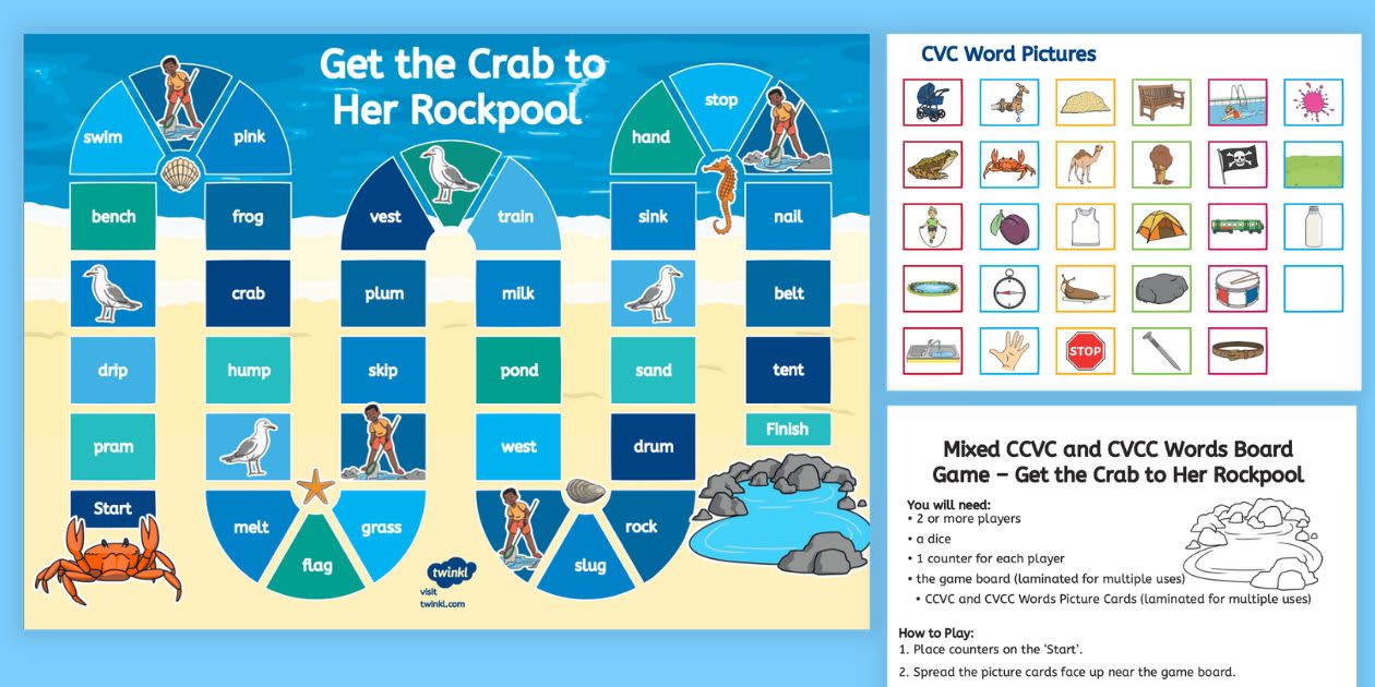 フォニックスゲーム CVCC and CCVC Words Phonics Board Game- Get the Crab to Her ...