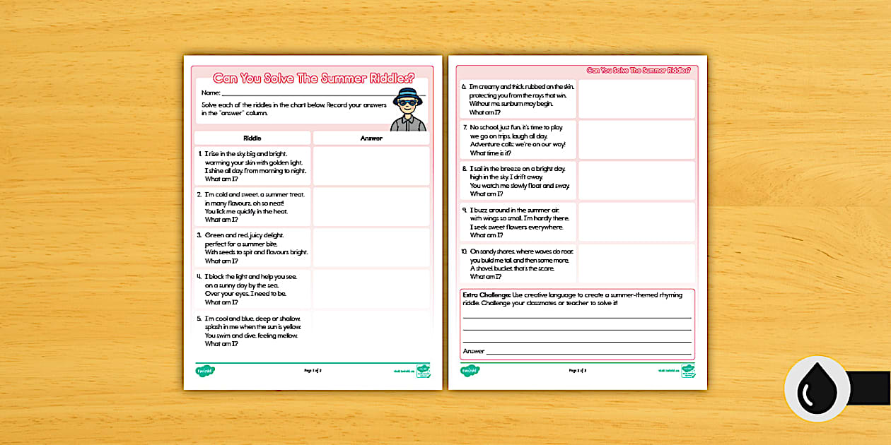 * NEW * Summer Riddles Worksheet Primary Grades - Twinkl