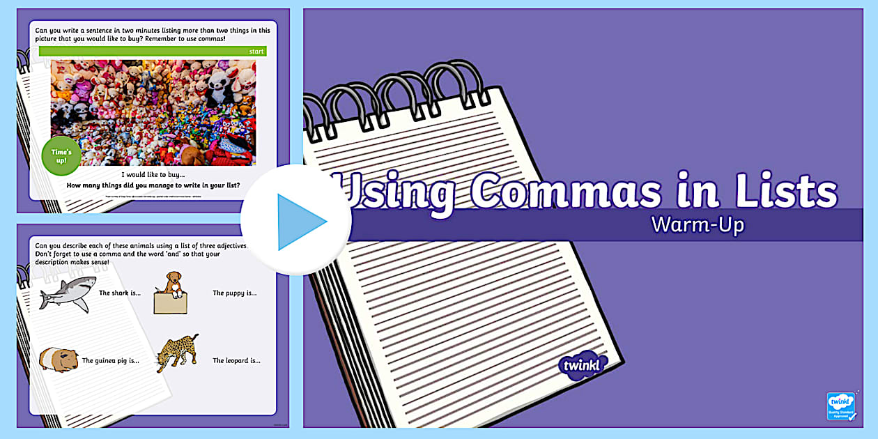 Year 2 Commas in Lists Warm-Up PowerPoint - SPag - Twinkl