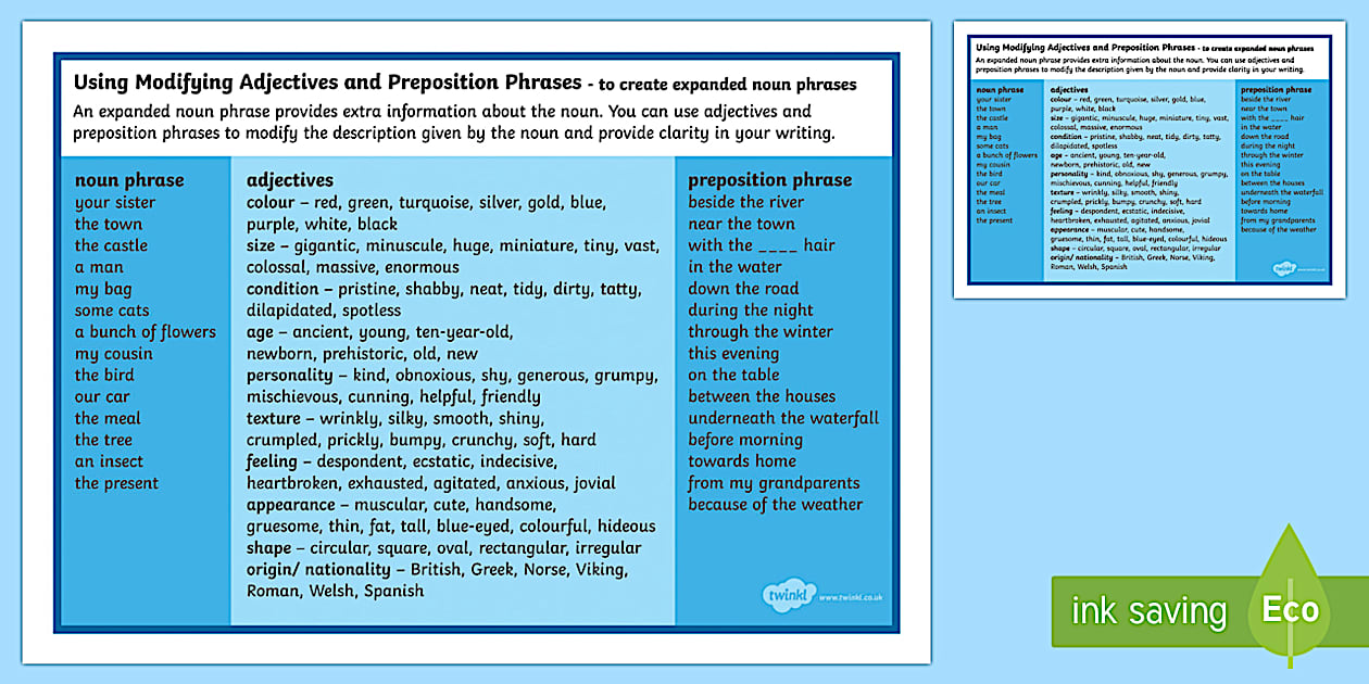 Year 4 SPaG Expanded Noun Phrases using Modifying Adjectives and ...