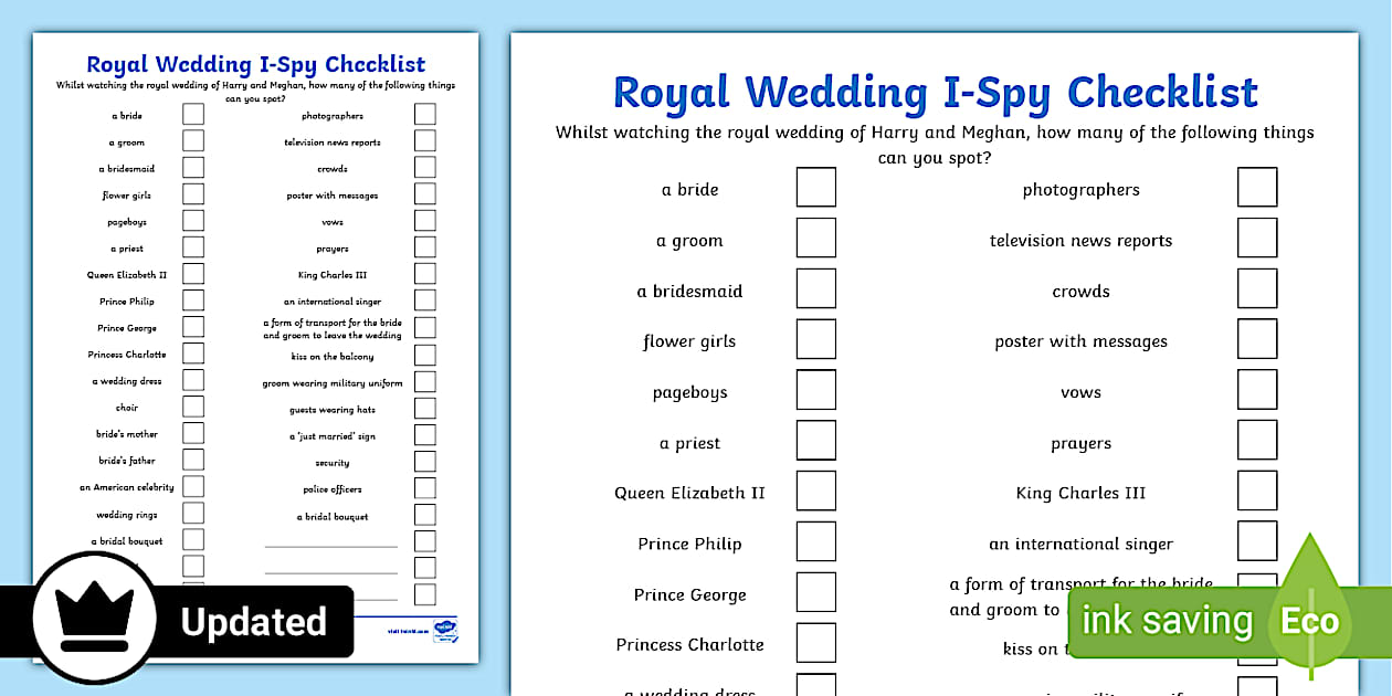 Black and White Royal Wedding I-Spy Checklist (teacher made)
