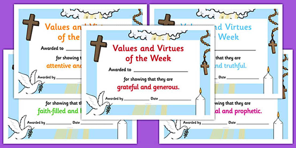 Editable Catholic Values and Virtues of the Week Certificates