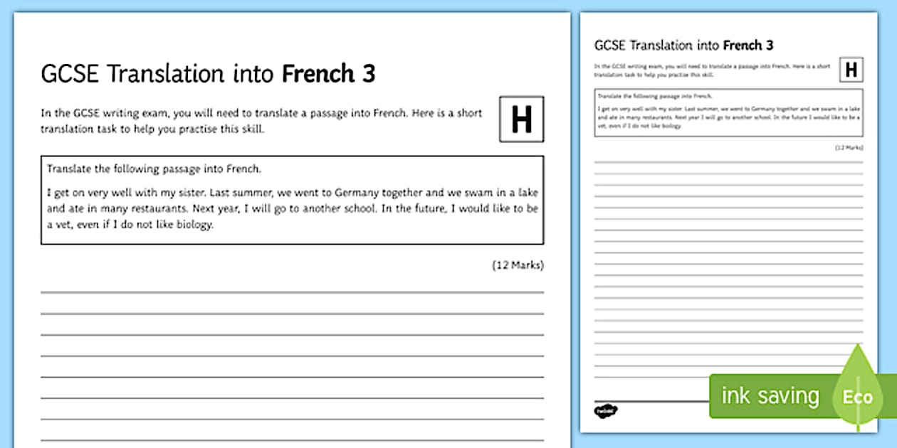 GCSE French Translation into French 3 Higher Tier Worksheet / Worksheet ...