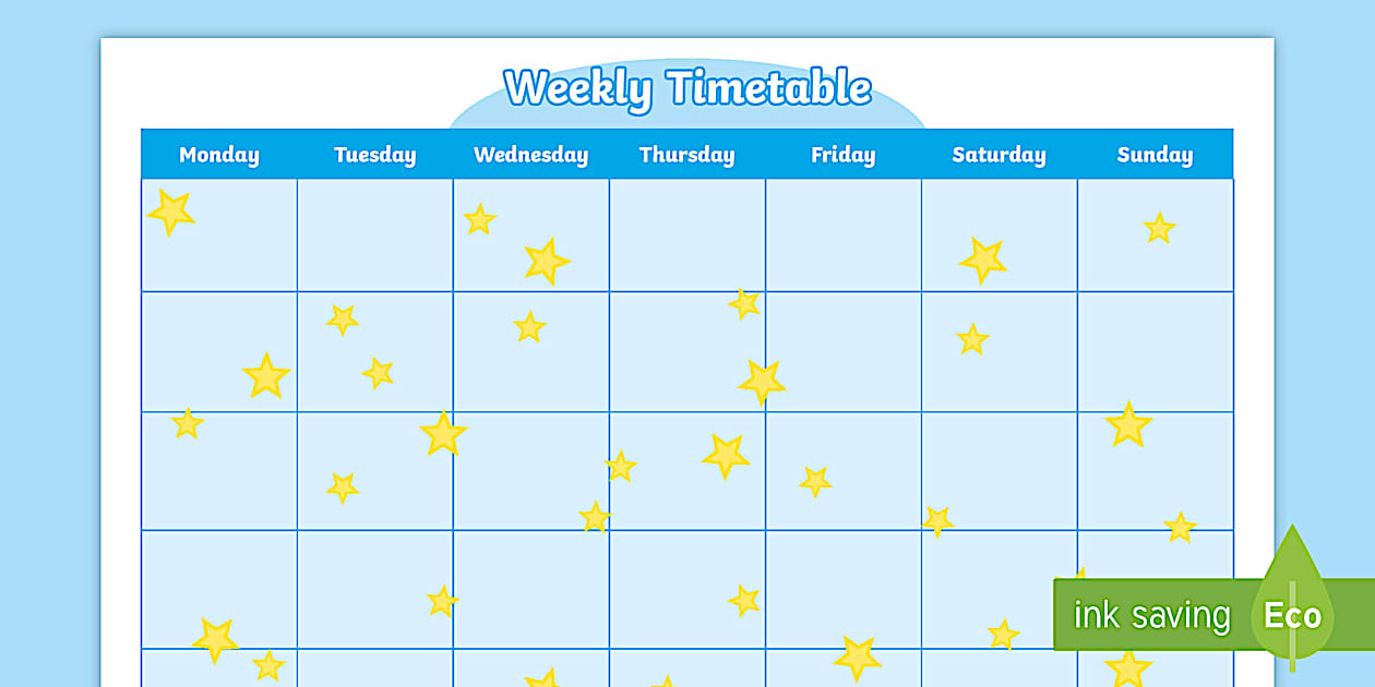 Cursive Blue and Yellow Stars Themed Weekly Timetable