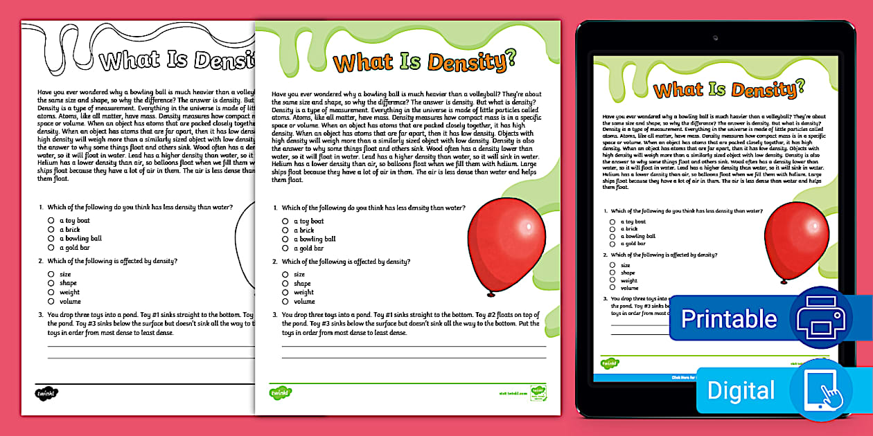 Fifth Grade What Is Density? Reading Passage Comprehension Worksheet