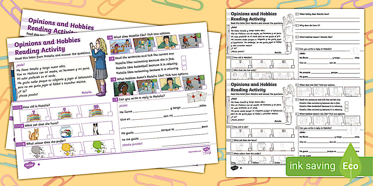 👉 Spanish: Opinions and Hobbies Reading Activity- KS2 Resource