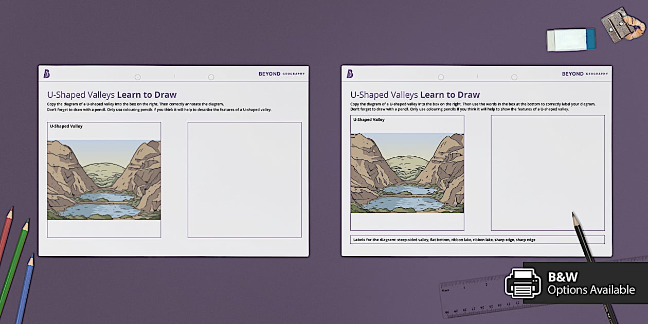 Learn to Draw U-Shaped Valleys Worksheet (teacher made)