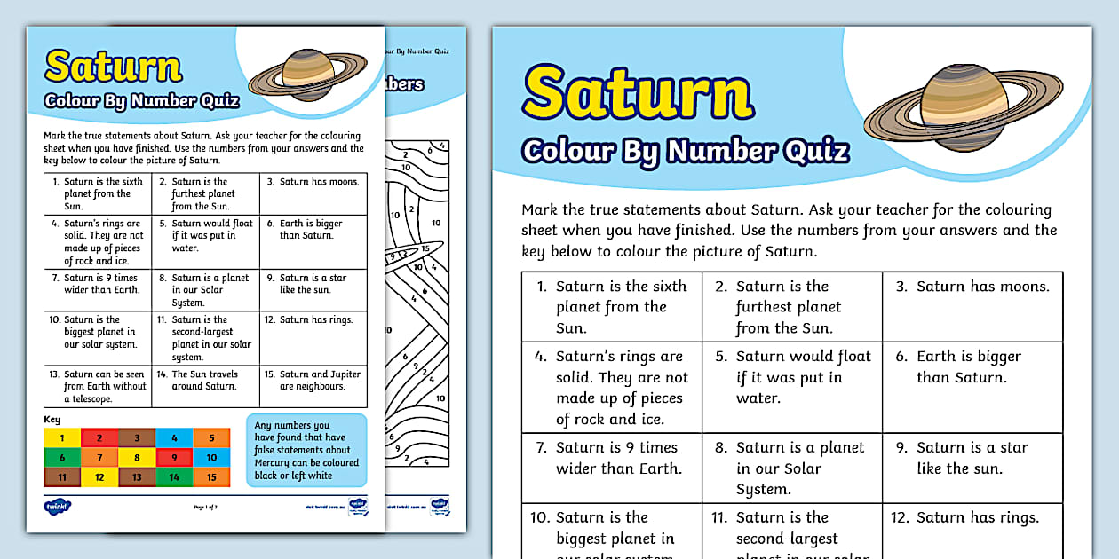 Saturn Colour By Number Quiz (teacher made) - Twinkl