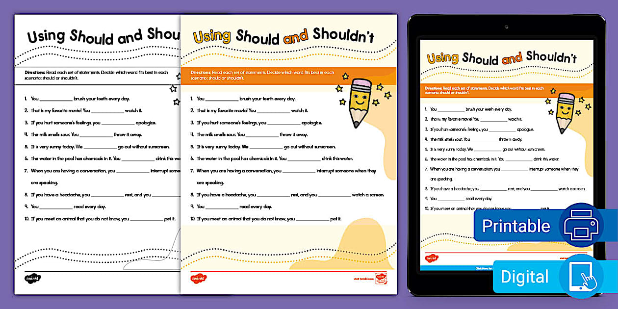 Using Should and Shouldn't Worksheet for 1st-2nd Grade