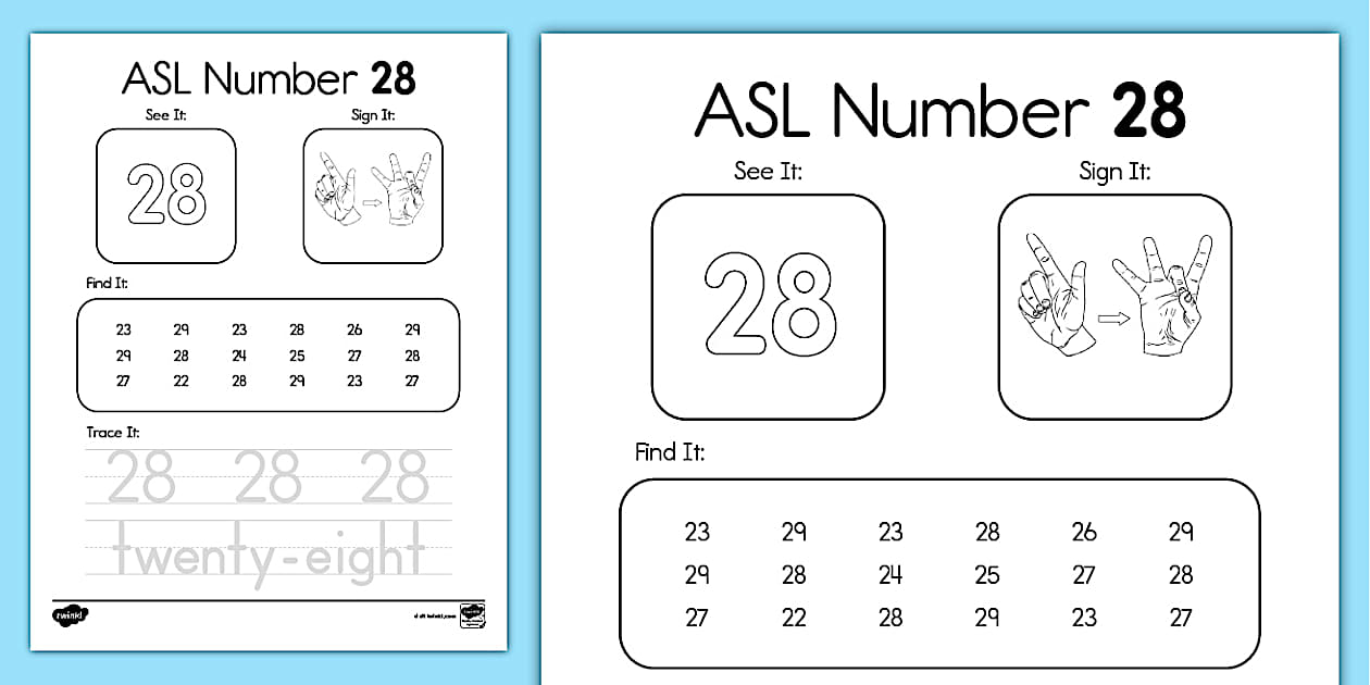 ASL Number 28 Worksheet (Hecho por educadores) - Twinkl