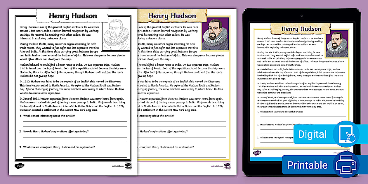 Third Grade Henry Hudson Reading Response Worksheet - Twinkl
