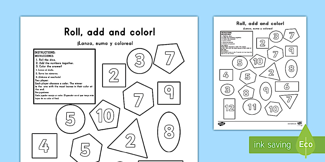 2D Shapes Roll the Dice and Color English/Spanish- Guía de trabajo