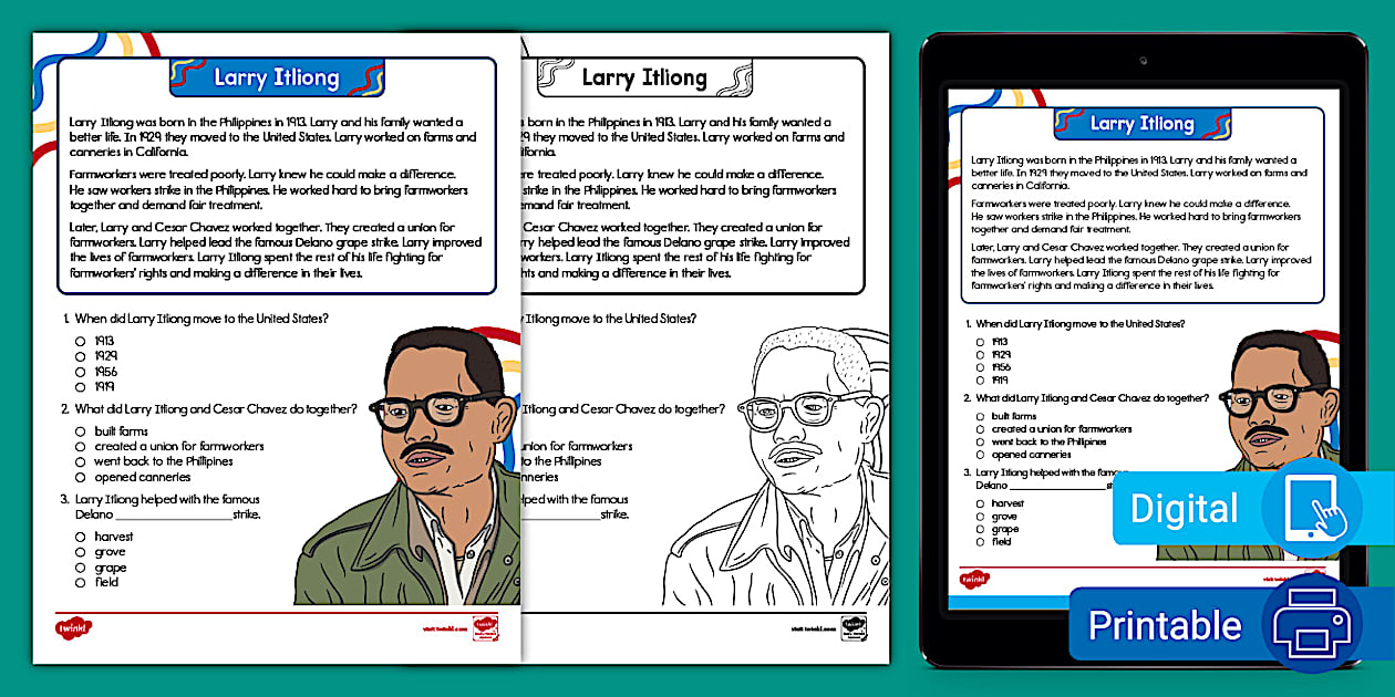 Larry Itliong Reading Passage Comprehension Worksheet
