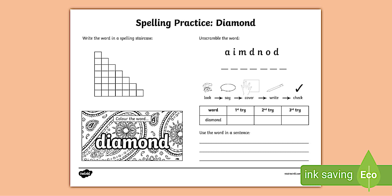 Diamond Spelling Practice Worksheet (teacher made) - Twinkl