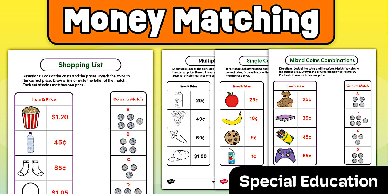 Money Matching Worksheet for Special Education