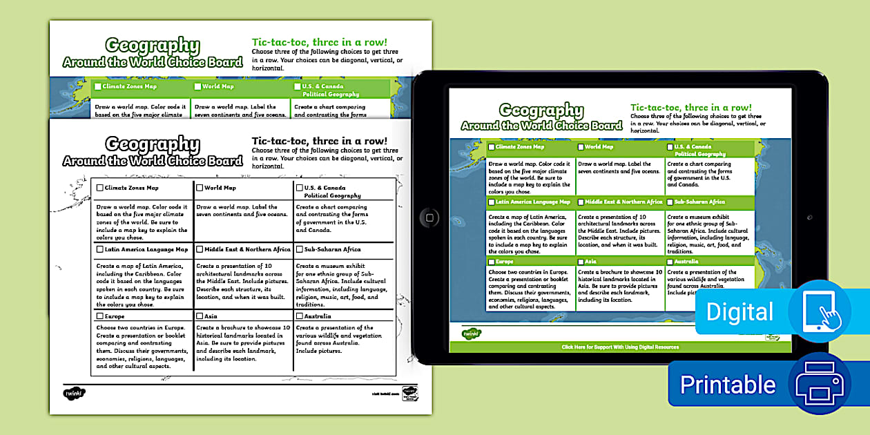 Geography Around the World Choice Board for 6th-8th Grade