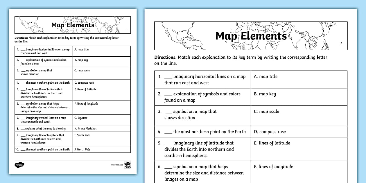Sixth Grade Map Elements Matching Worksheet (teacher made)