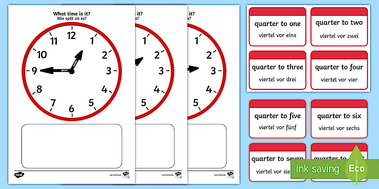Clock Matching Game Quarter To Matching Cards English/German