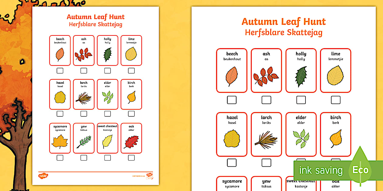 Black and White Autumn Leaf Hunt Checklist English/Afrikaans
