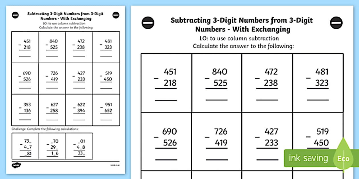 Editable 3 Digit Column Subtraction - Year 3 Worksheet
