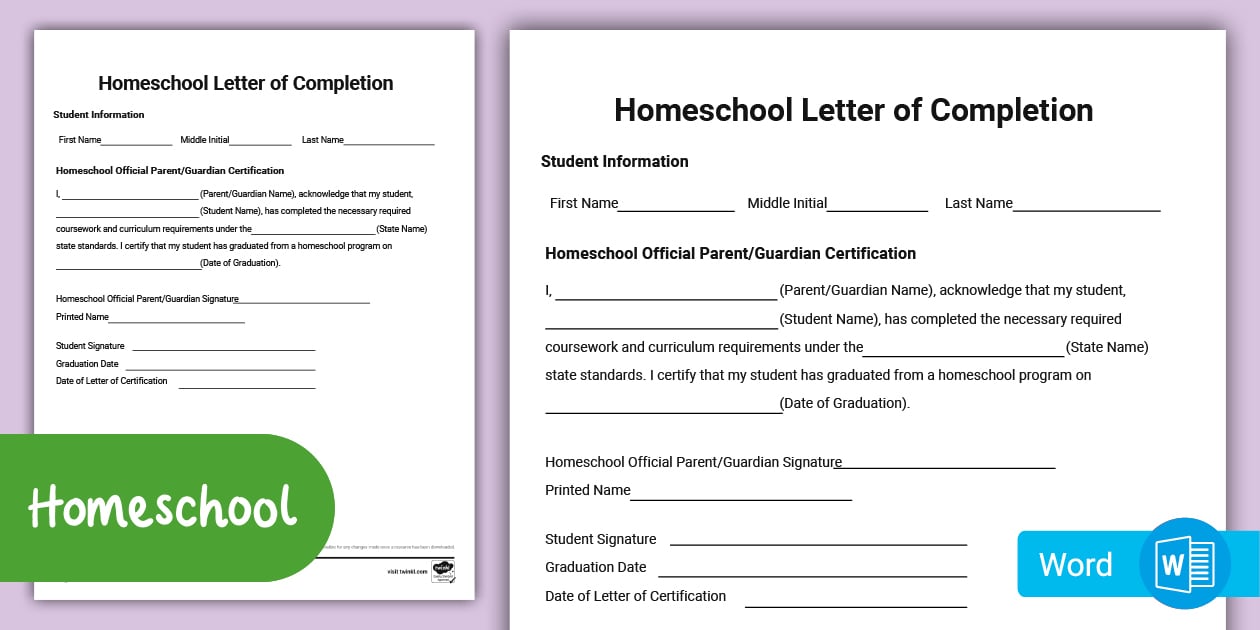 Editable Homeschool Letter of Completion (teacher made)