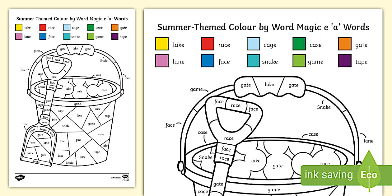 Summer-Themed Colour by Word Magic e 'a' Words - Twinkl