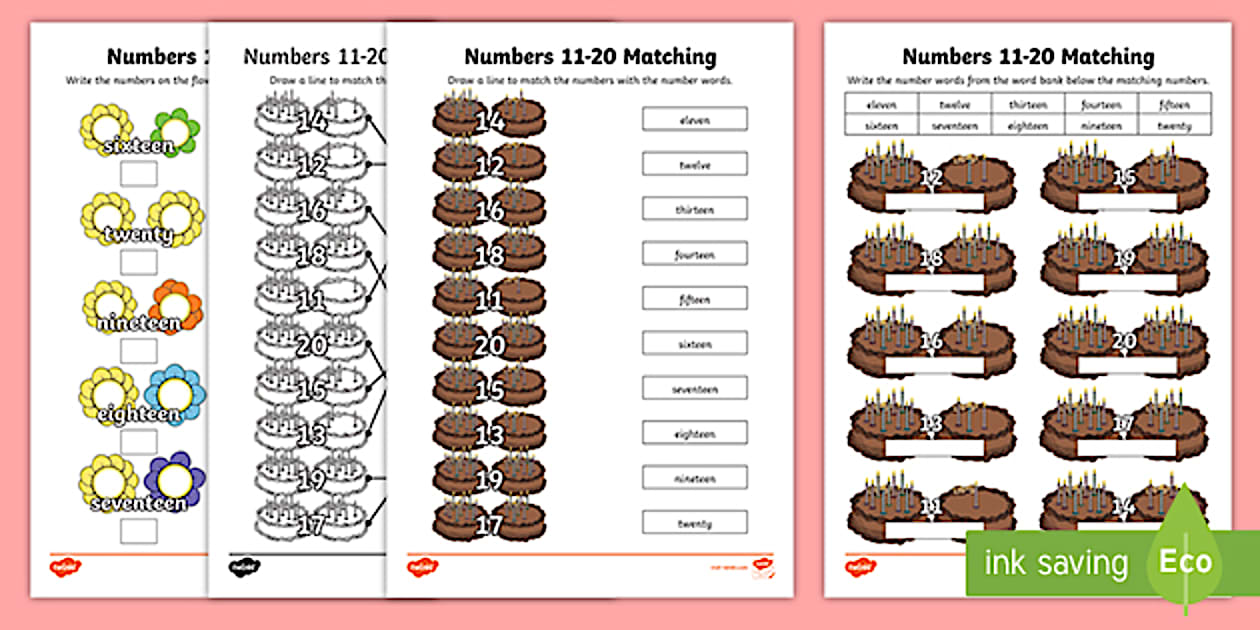 Numbers 11 to 20 Matching Words and Digits Worksheets