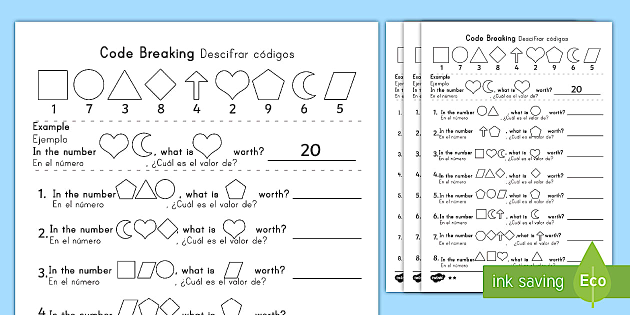 Place Value Code Breaking Worksheet / Worksheet Pack English/Spanish
