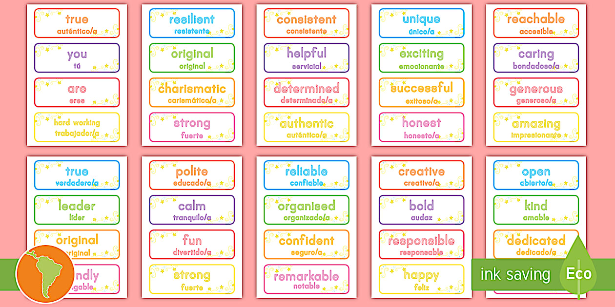 Editable Inspirational Adjective Words English/Spanish