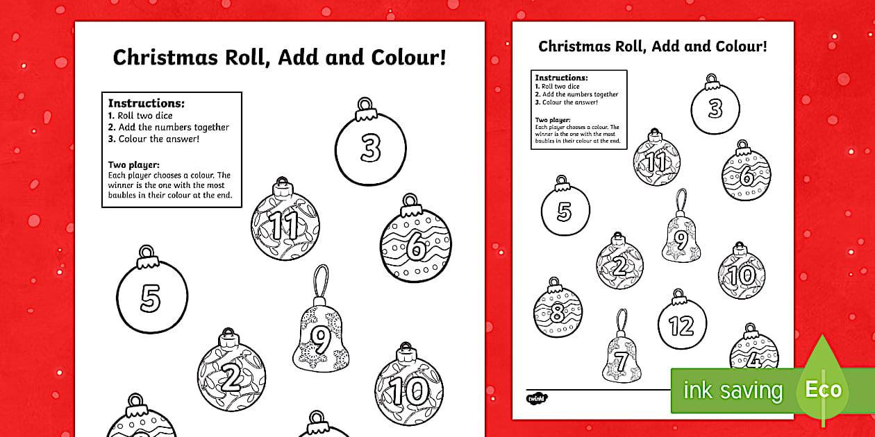 Christmas Baubles Roll and Colour Worksheet / Worksheet