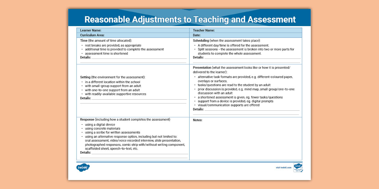 Reasonable Adjustments to Teaching and Assessment - Twinkl