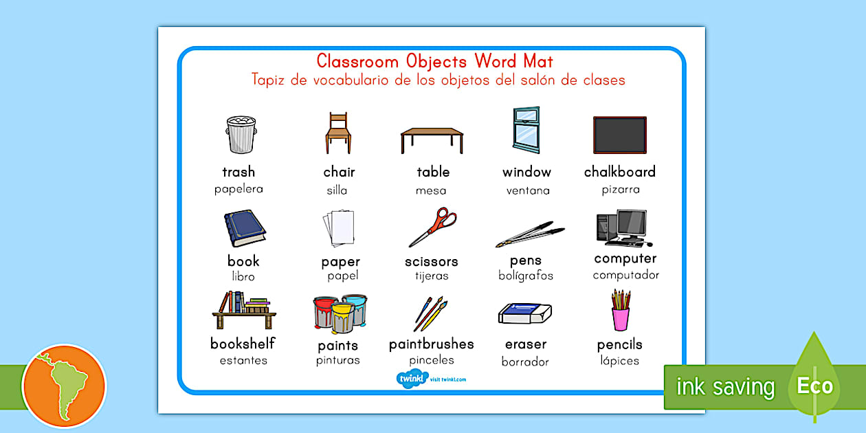 Word Mat Classroom Objects in Spanish and English- Guía de trabajo