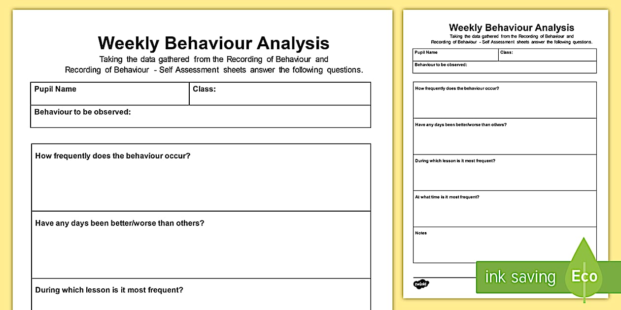 Weekly Behavior Tracking and Monitoring Sheet Editable Proforma