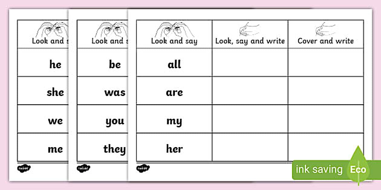 Cursive Phase 3 Tricky Words on Writing Practice Worksheets