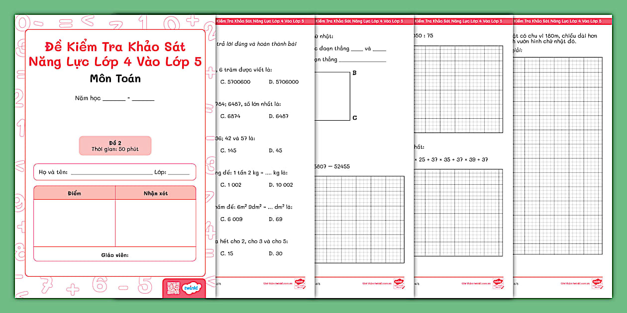 Đề Kiểm Tra Khảo Sát Năng Lực Lớp 4 Vào Lớp 5 - Môn Toán - Đề 2